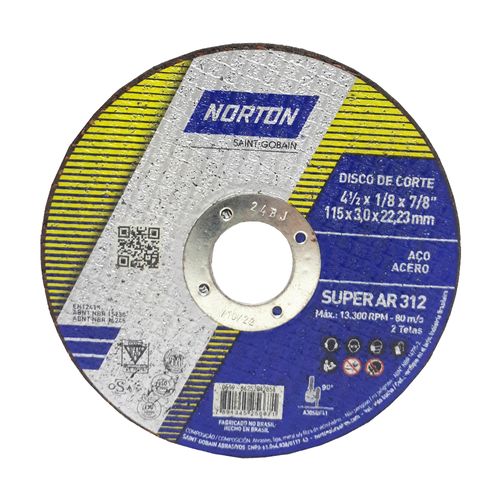 Disco de Corte Norton Super AR312 para Aço 4 1/2 Polegada - Elastobor