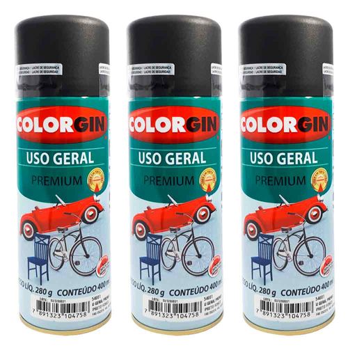 Tinta Spray Colorgin Uso Geral Preto Fosco 400ML Kit 3UN - Elastobor
